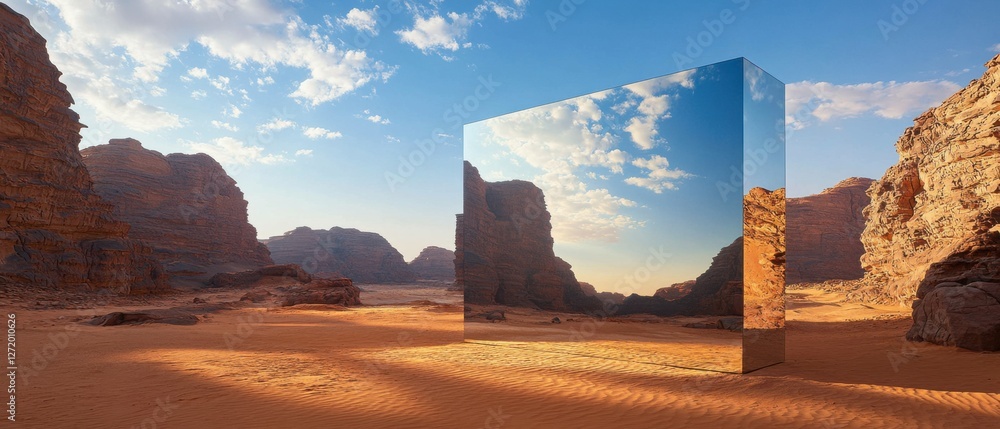 Mirrored monolith reflecting the sky and desert landscape in Wadi Rum ...