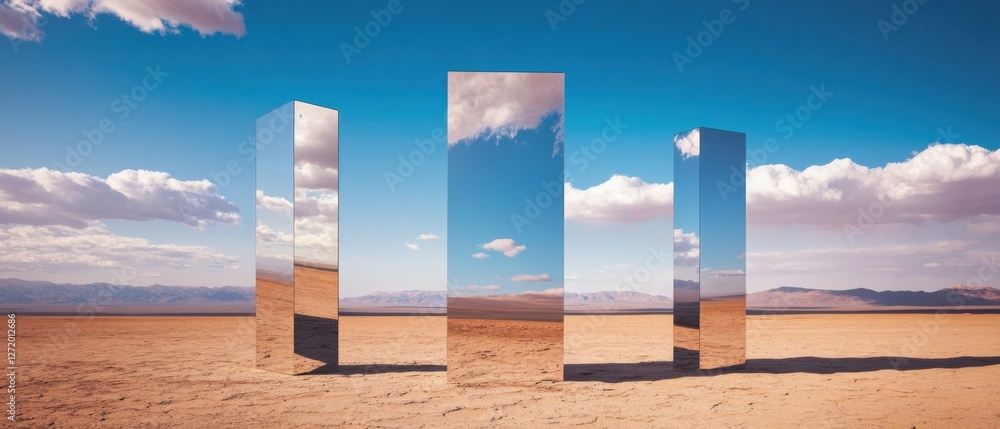Three reflective monoliths standing in the desert landscape, mirroring ...