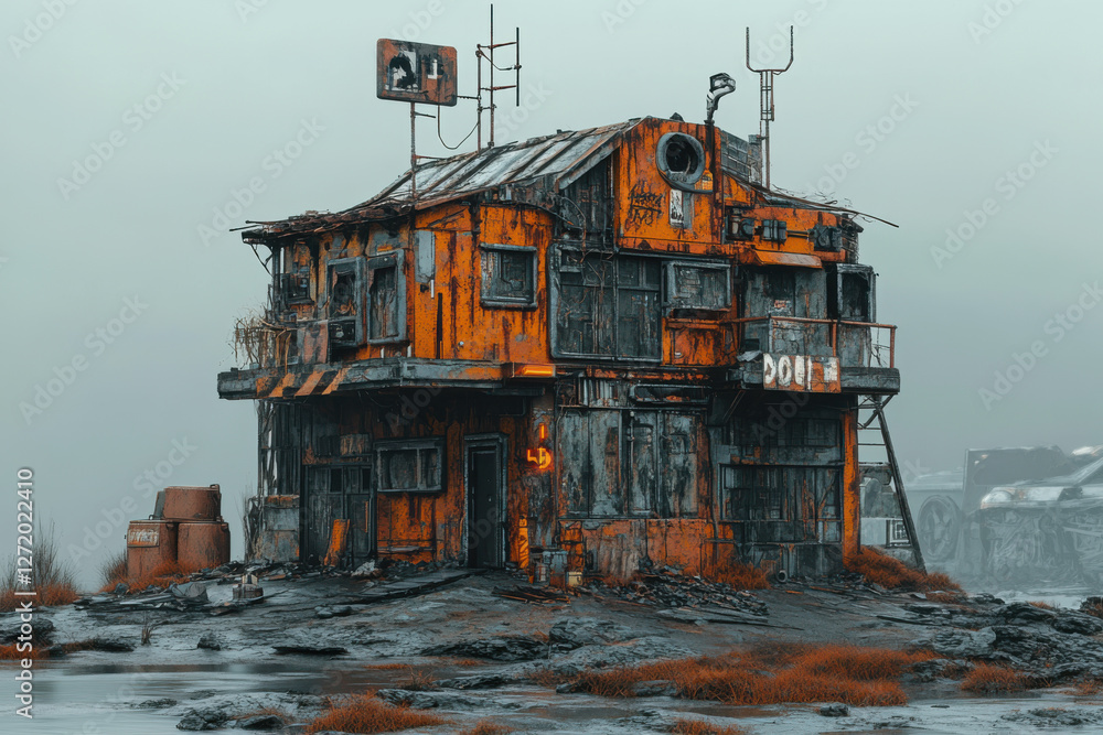 Abandoned rusty building amidst foggy swamp with antennas and decaying ...