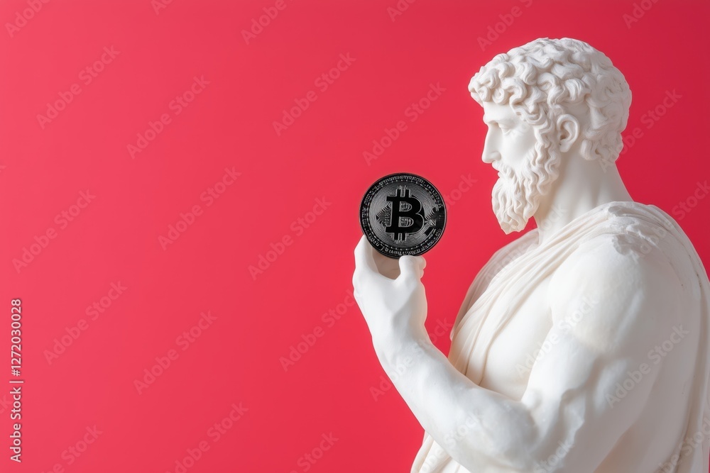 White plaster statue of hades gripping a black cryptocurrency coin ...
