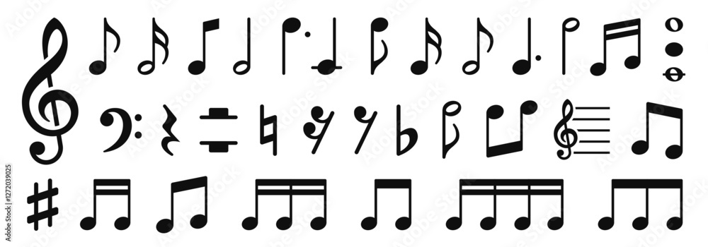 Music notes icons set. Musical notation symbols. Black notes symbol on ...