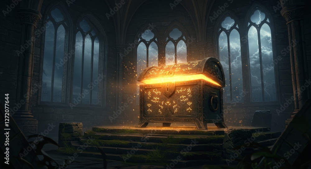 Glowing Chest in Ancient Ruins - A mystical, glowing chest sits atop a ...