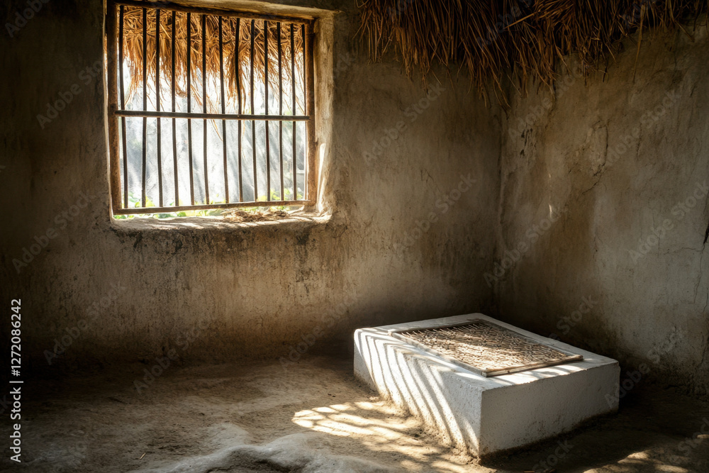 Inside a traditional Indian thatched house, sunlight filters through a ...