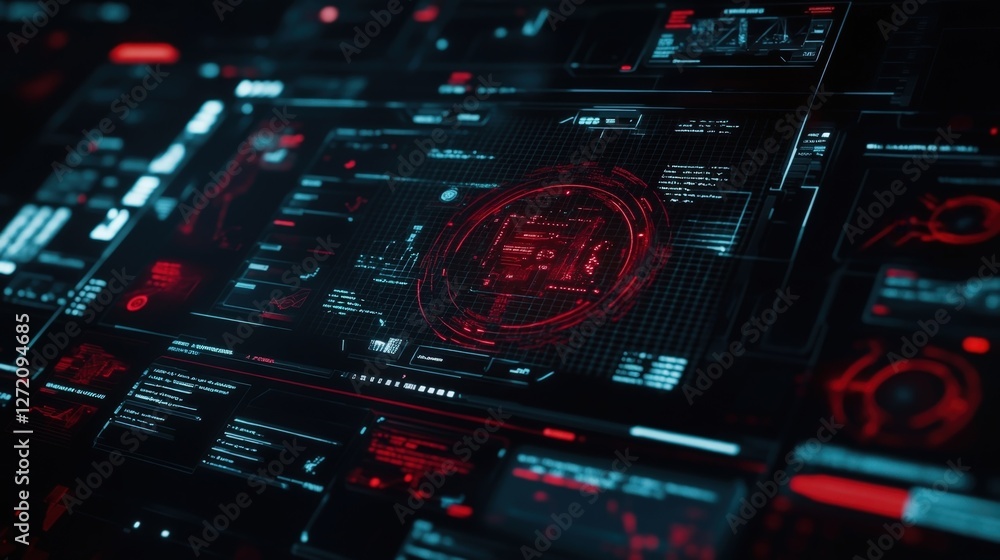Futuristic head up display interface showcasing scanning progress, data analysis, and various ...