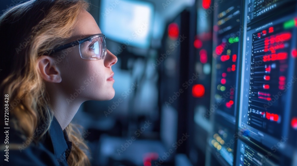 Female industrial engineer wearing safety glasses working late at night ...