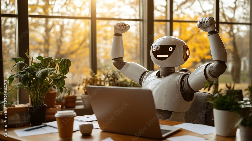 A humanoid robot AI agent celebrates at its desk in an office ...