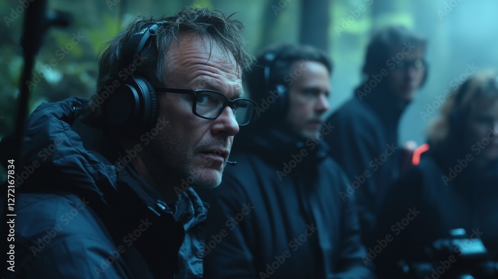 Film crew members wearing headphones and microphones are working ...