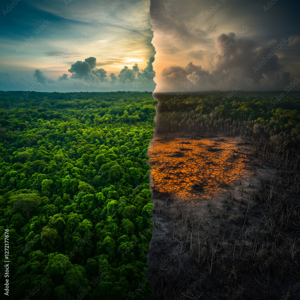 Juxtaposition of lush rainforest and barren land reveals the dramatic ...