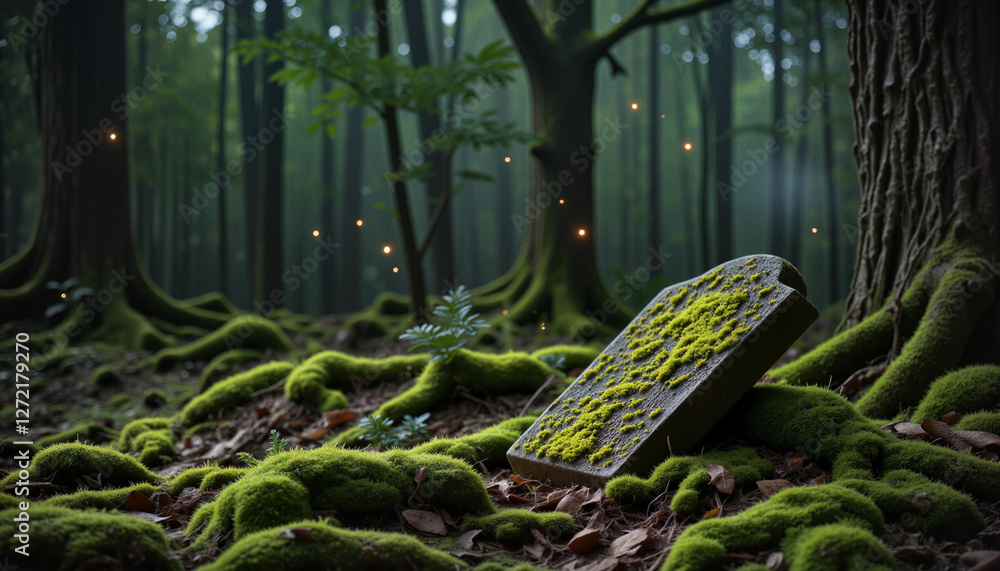 Surreal overgrown grave with moss, roots, and fireflies illuminating ...