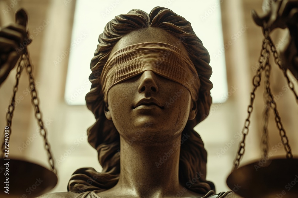 The blindfolded Lady Justice statue stands tall, emphasizing her scales ...