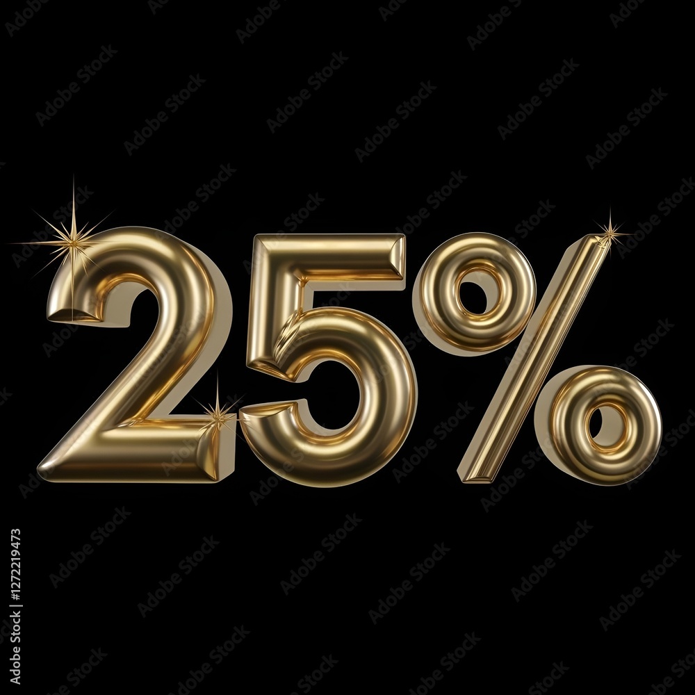 photorealistic 3D metallic gold '25%' numeral, with mirror-like shine ...