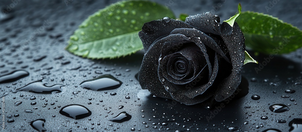 Elegant black rose with water drops on a dark background designed for ...
