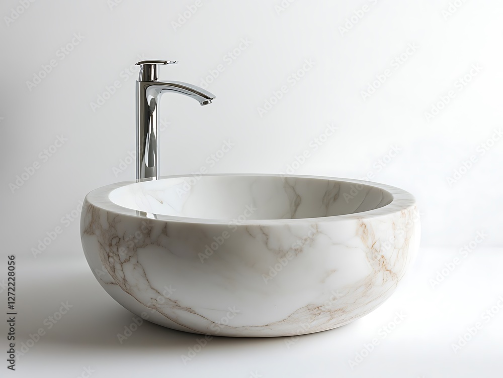 Luxurious marble basin with sleek faucet, front view, isolated on a ...