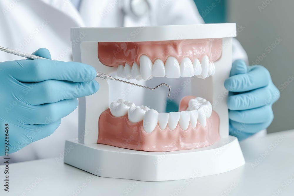 Dentist demonstrates teeth anatomy using a jaw model and probe. Stock ...