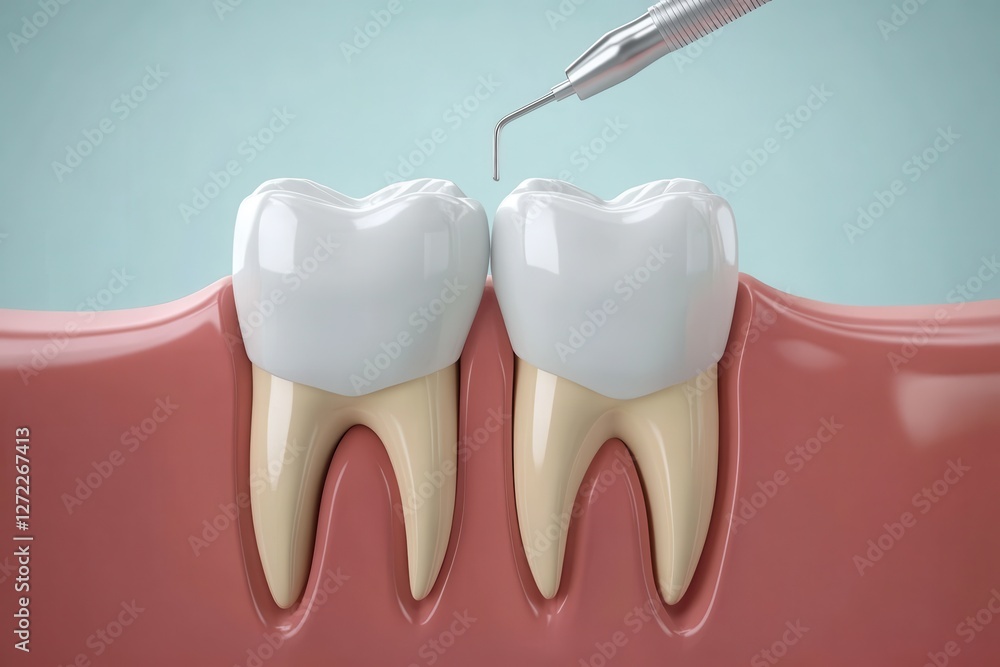 Dental explorer probing between two healthy teeth, embedded in gums ...