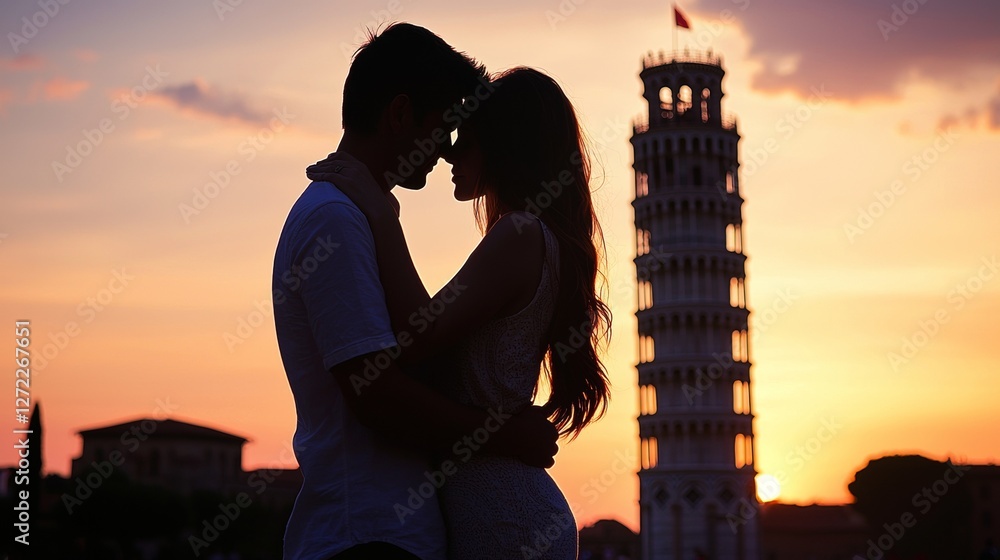 Romantic couple sharing an intimate moment at sunset near the Leaning ...
