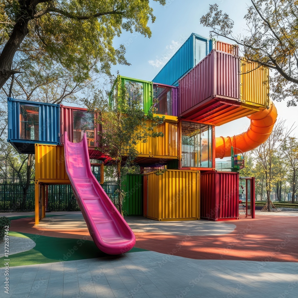 Colorful shipping container playground with slide, trees and sunny day ...