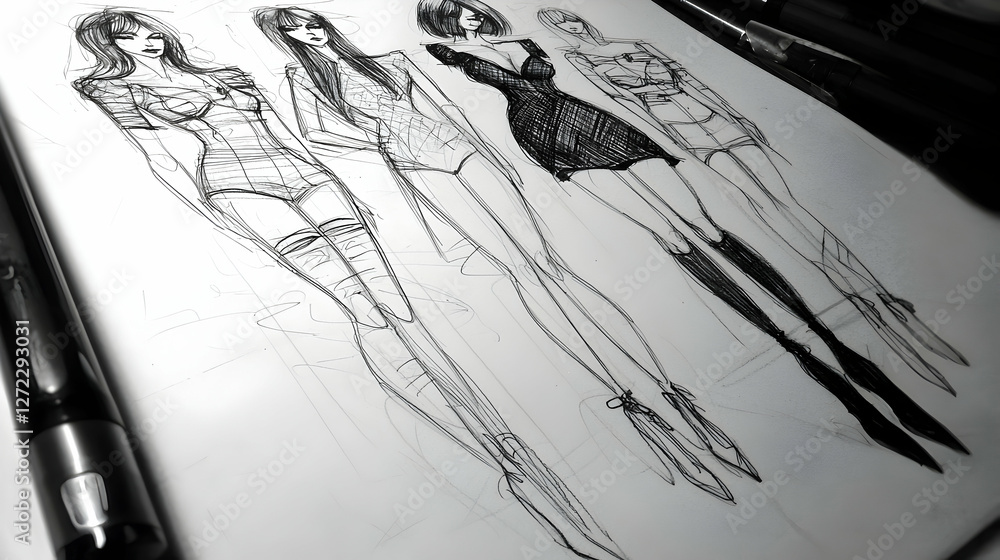 Fashion designer sketching diverse female models on paper, studio ...