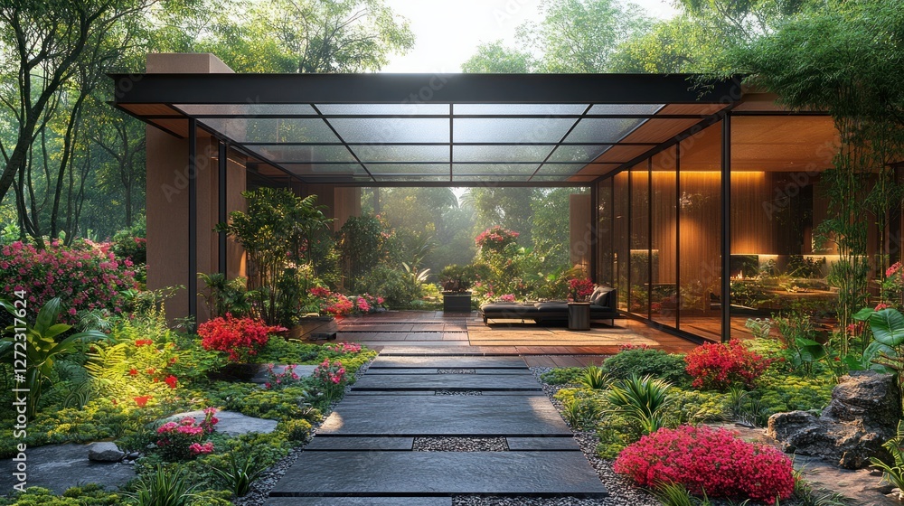Polycarbonate roofing with a transparent roof held up by a black steel ...