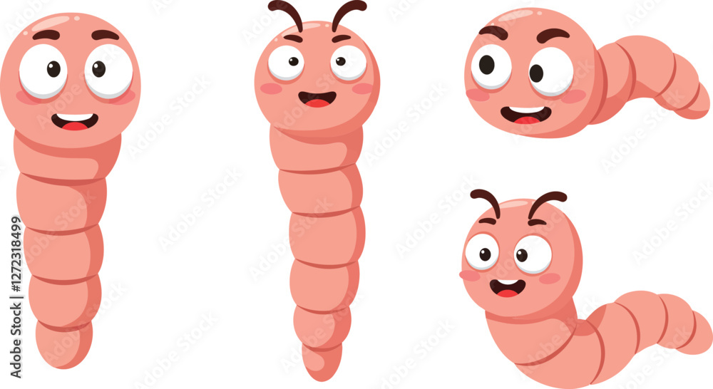 Cute smiling cartoon worms in various poses flat vector art Stock ...