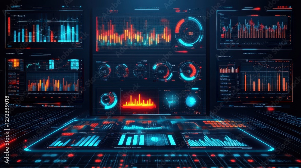 futuristic inventory dashboard on multiple monitors, dark background and holographic data, with ...