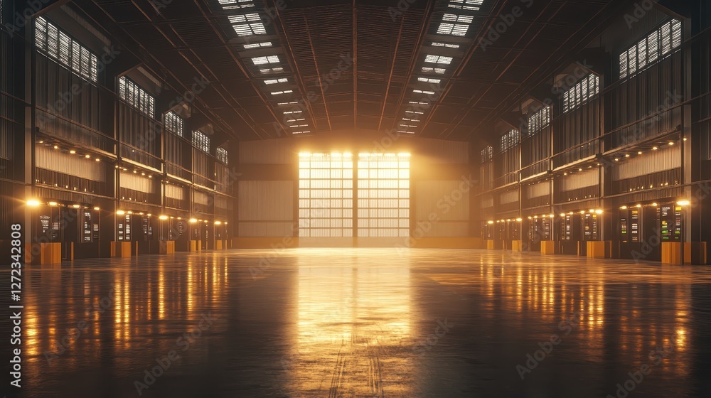 warehouse setup with digital inventory board, ambient light on data ...