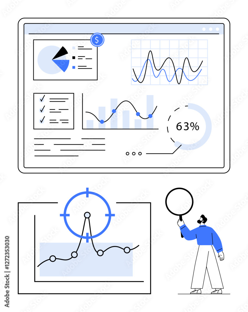 Interactive dashboard displaying analytics graphs, pie chart, and checklist. Character explores ...