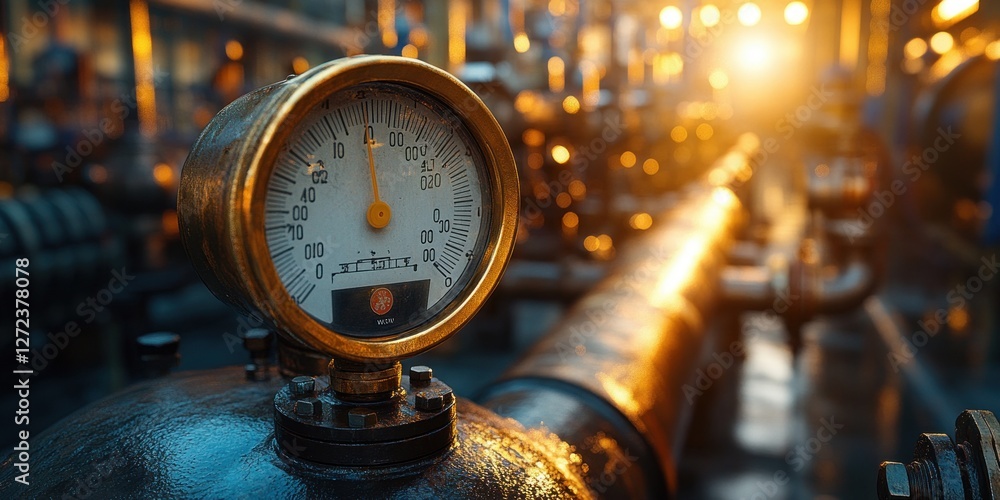 High Pressure Gas Gauge on Industrial Pipeline Reflecting Sunlight ...