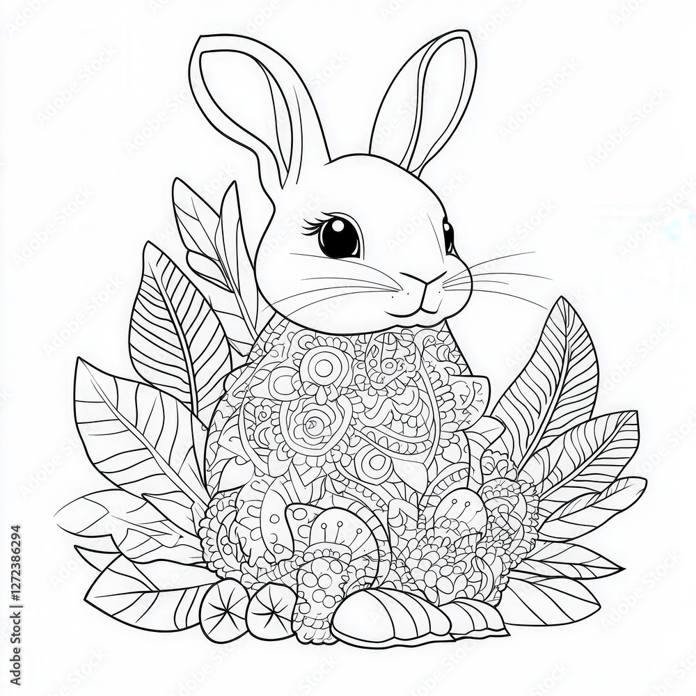 Detailed rabbit coloring page with leaves. Zen art for relaxation and ...