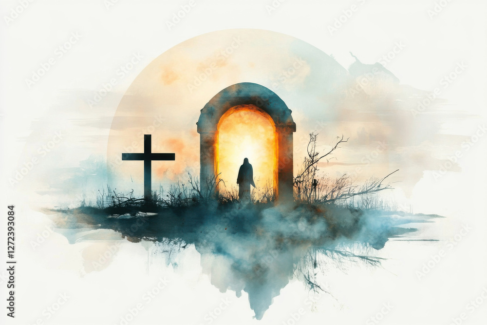 Jesus Christ resurrection scene with glowing tomb and cross. Digital ...