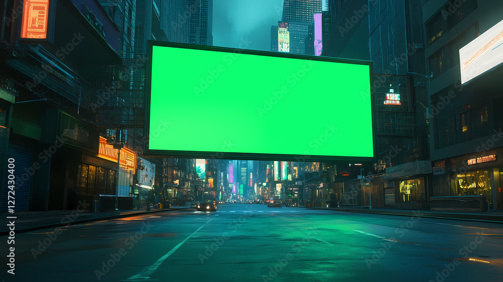 Big green screen billboard display in cyberpunk city metropolis ...