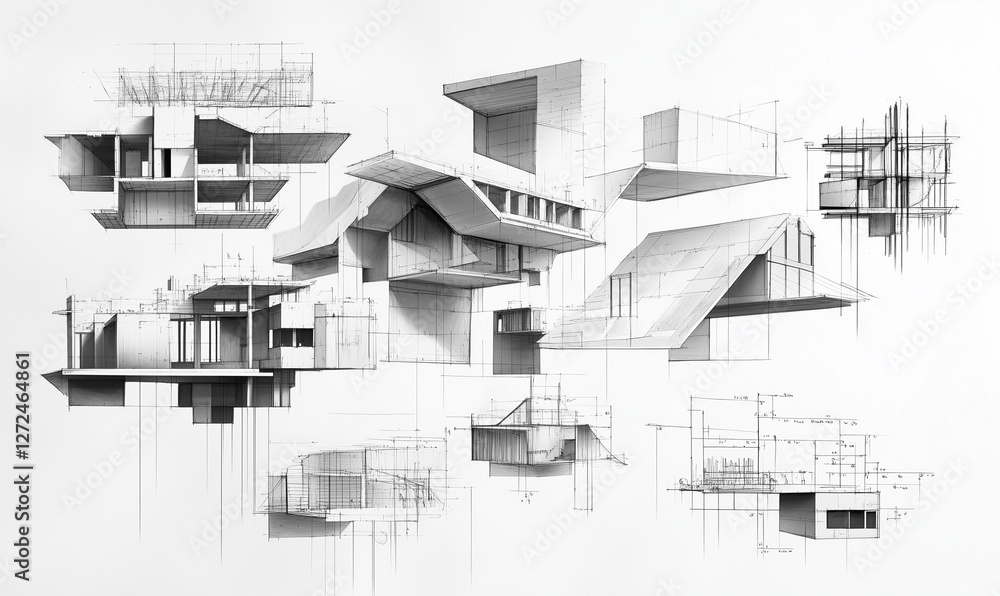 Innovative set of blueprints and architectural designs floating for ...
