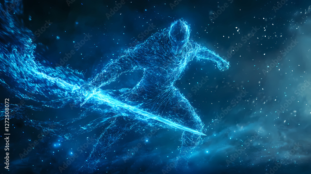 Knight made of swirling blue energy and light particles, in dynamic ...