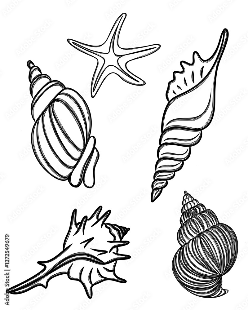 seashell outline illustration.Collection of realistic sketches various ...