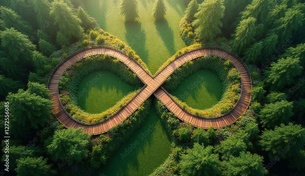 aerial view of a boardwalk winding in the shape of an infinity symbol ...