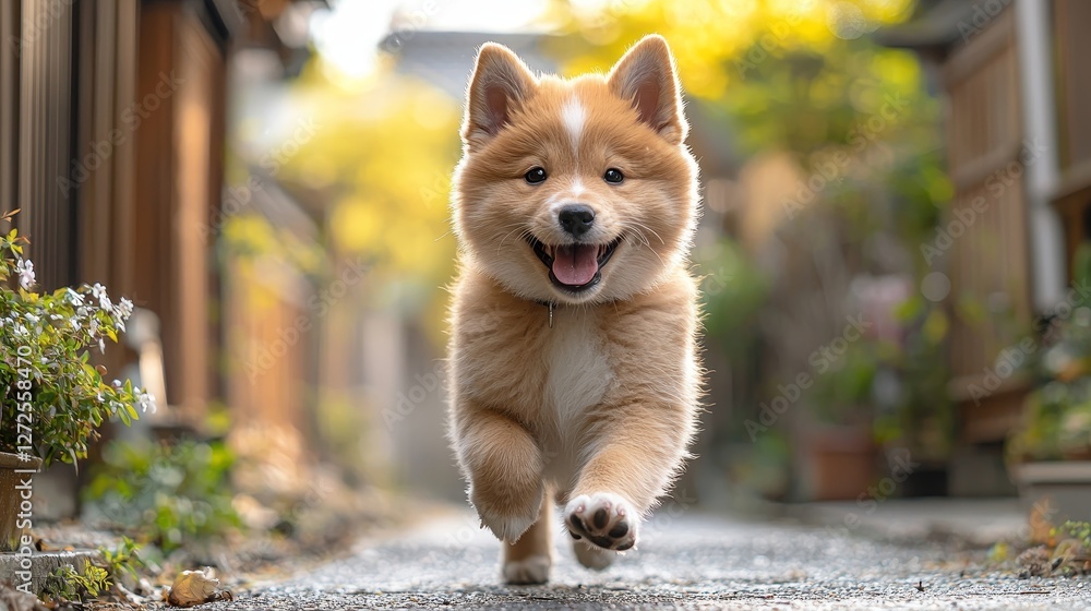 Playful akita inu running through kyo's ancient streets in japan ...