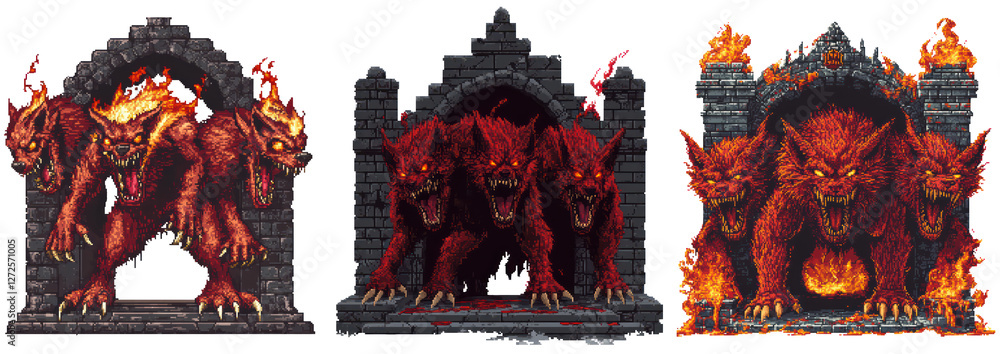 Stock-Illustration „8 bit Pixel Art Cerberus – Fiery Three-Headed ...
