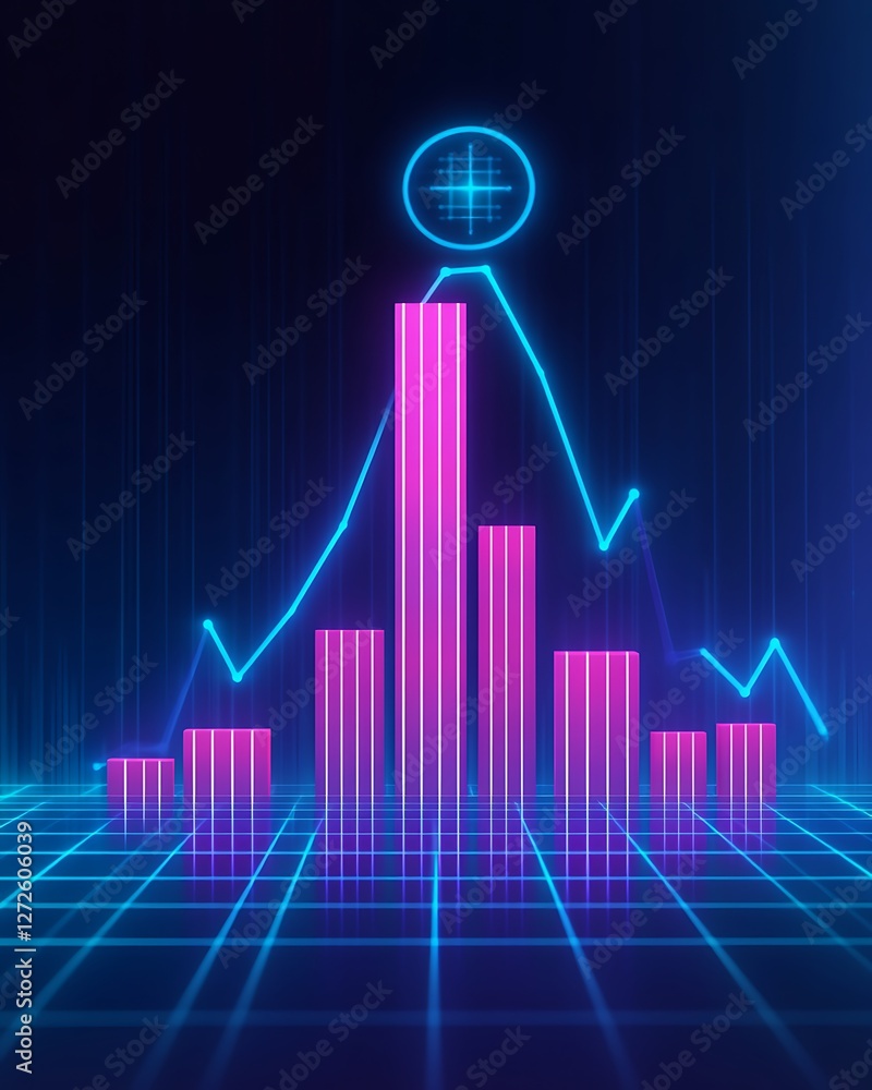 Neon graph with line rising above bars over digital grid backdrop. Data ...