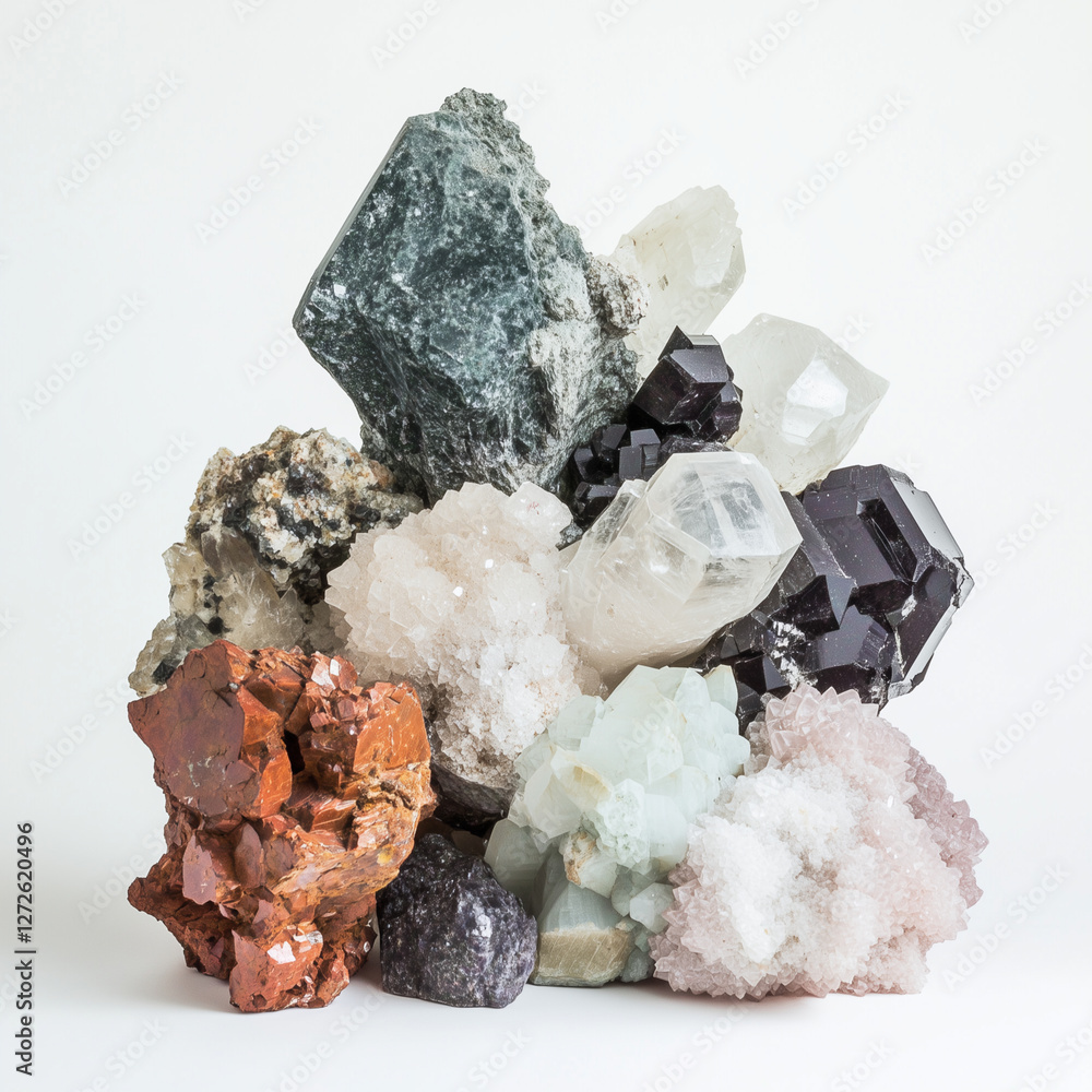 Aglomerado de minerais raros e pedras naturais e preciosas em um fundo ...