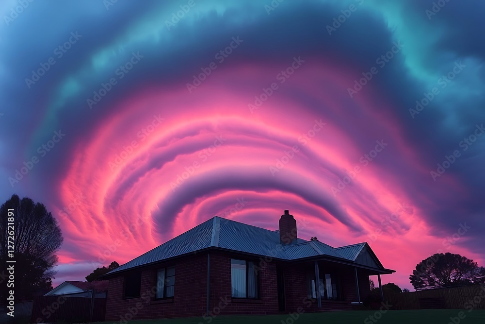 House below mammatus cloudscape at pink sunset, use housing weather ...