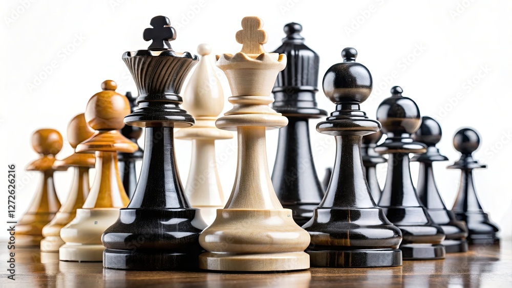 High-resolution PNG chess pieces: classic white and black wood design ...
