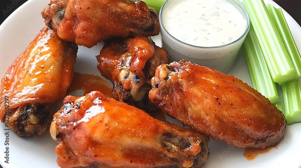 Plate of crispy Buffalo wings served ranch dressing and celery sticks ...