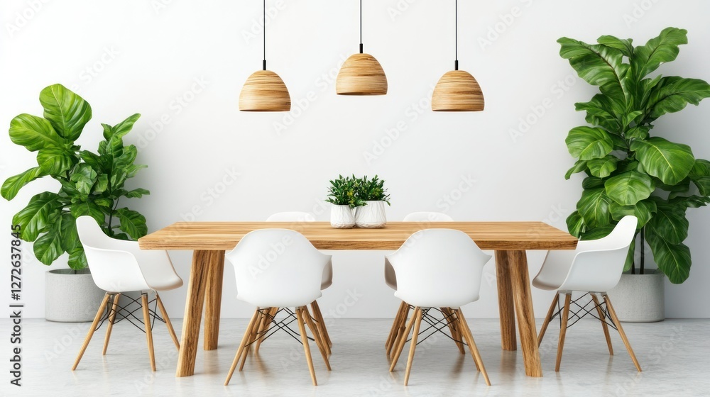 Scandinavian minimalist dining room with a light wood table, white ...