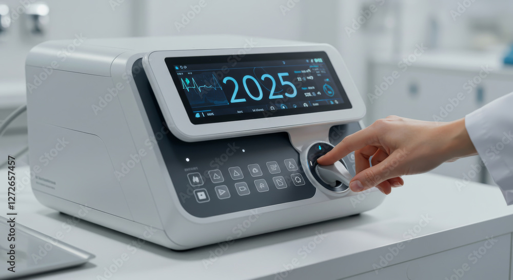 Hand adjusting parameters on a futuristic medical diagnostic instrument ...