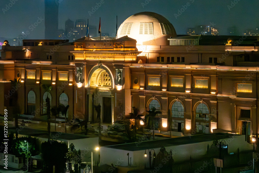 Cairo, Egypt A view of The Egyptian Museum in Cairo at night with an ...