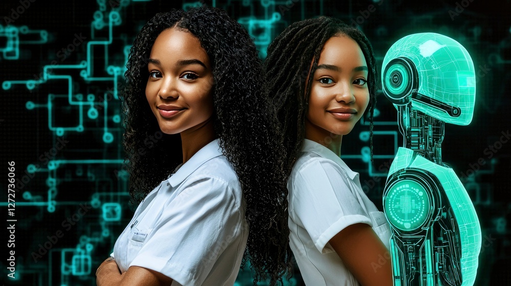 Two Young Women and a Futuristic Robot Artificial Intelligence and the ...