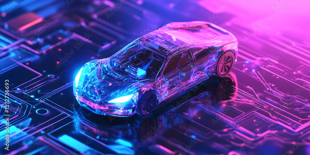 A crystal car icon floats above a data science circuit background in a ...