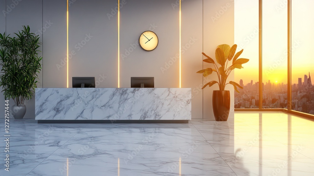 Modern, minimalist lobby reception desk with marble top, illuminated ...