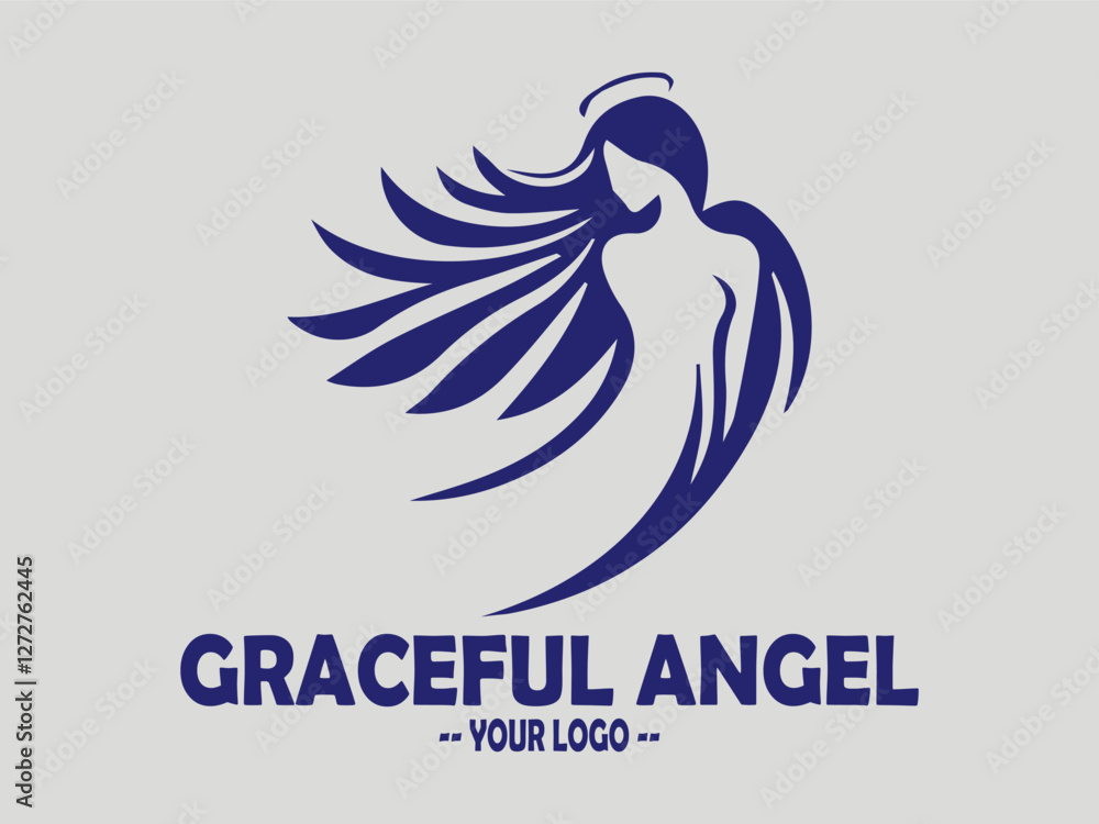 elegant angel line art vector illustration, graceful dark blue ...