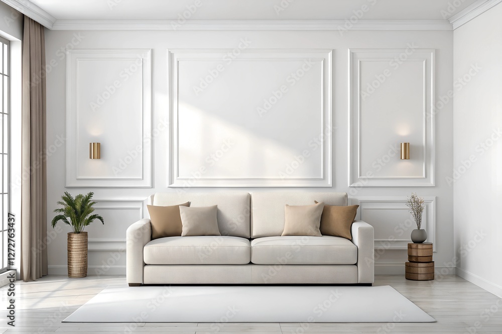 Interior Living Room, Empty Wall Mockup In White Room With Sofa, 3d ...
